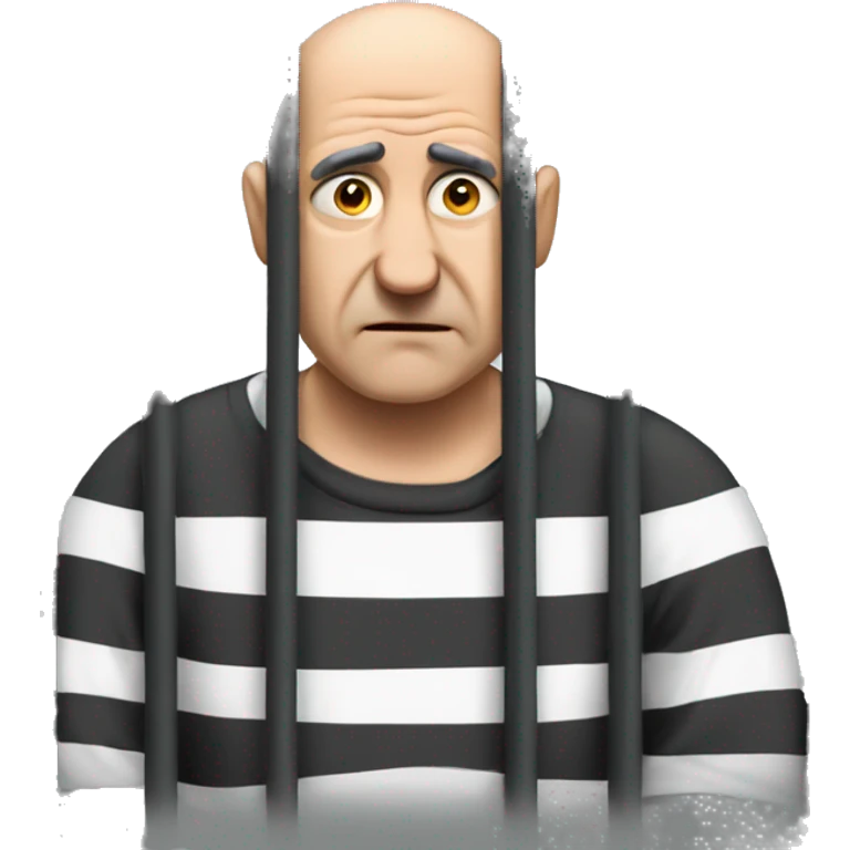 A bald old sad prisoner with a prison shirt does nothing behind bars ...