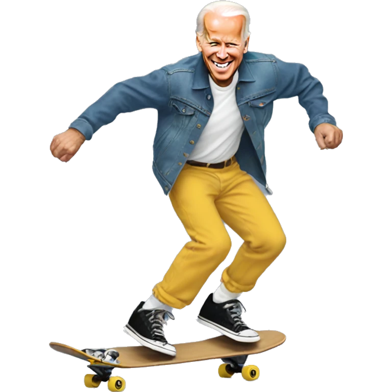Joe Biden skateboarding with smiley face T-shirt and a denim jacket ...