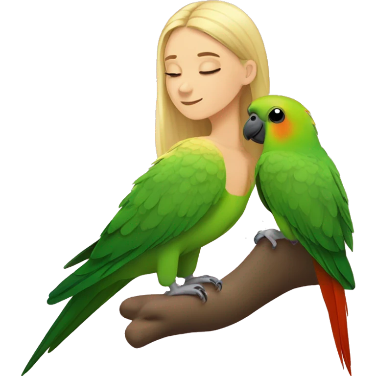 Green cheeked conure napping with blonde girl emoji | AI Emoji Generator