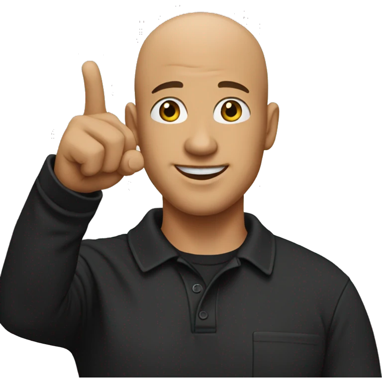 bald man pointing in front wearing a black cap and black polo emoji ...