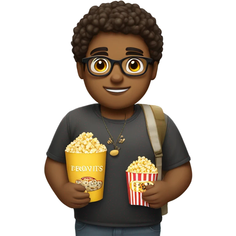Fat fair brown-skin boy wearing glasses and holding popcorn in one hand ...