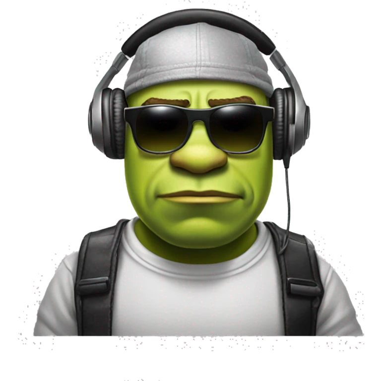 shrek very serious being a dj, with a cap and sunglasses with silver ...