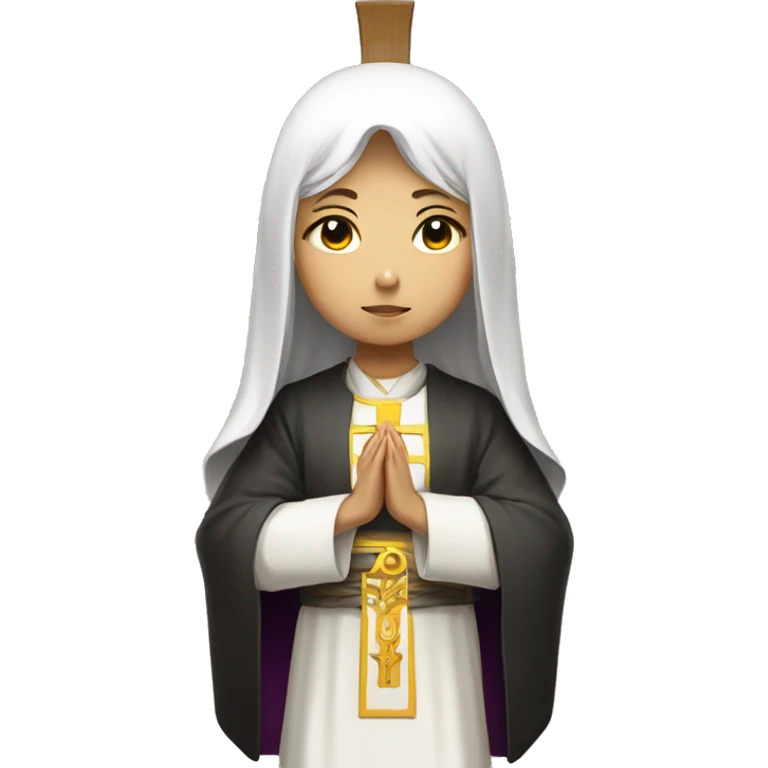 Young white ASIAN femail Priest, with Ankh on vestments, in prayer ...