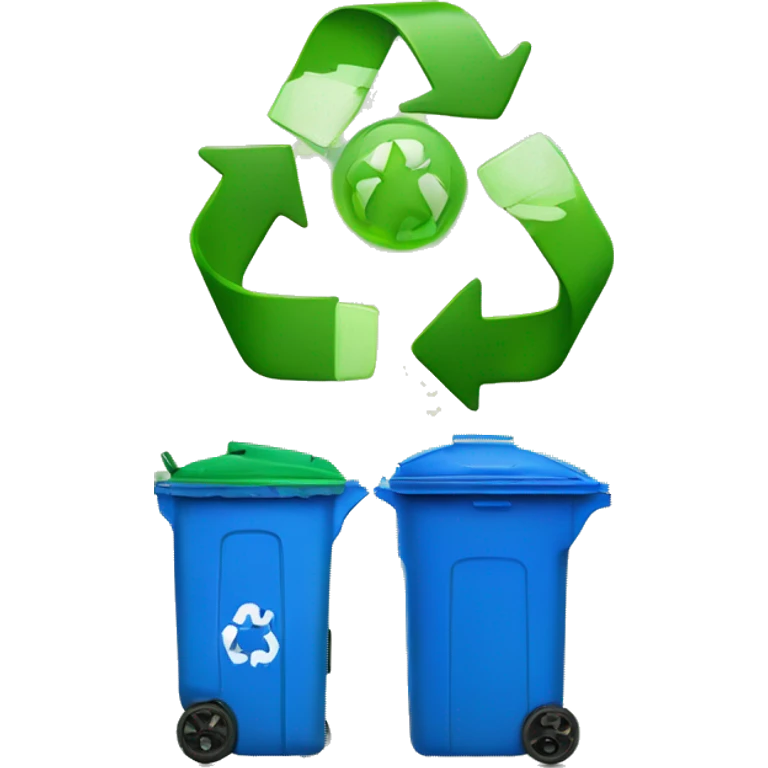 A blue trash can with a lid next to a green recycling bin with a lid ...