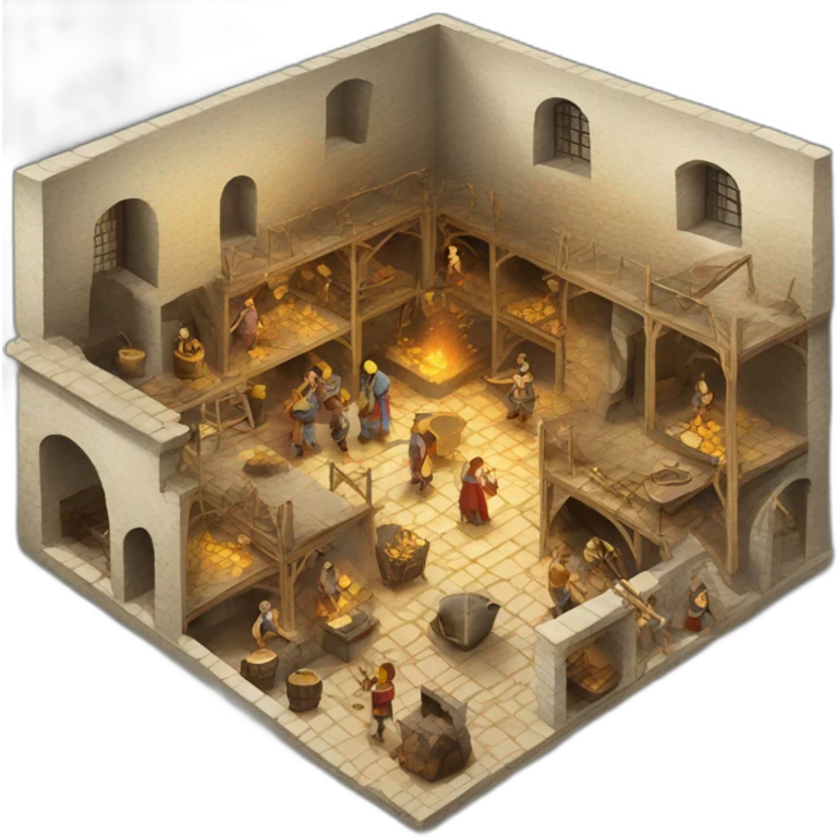 open floor plan of a medieval mint showing different people working ...