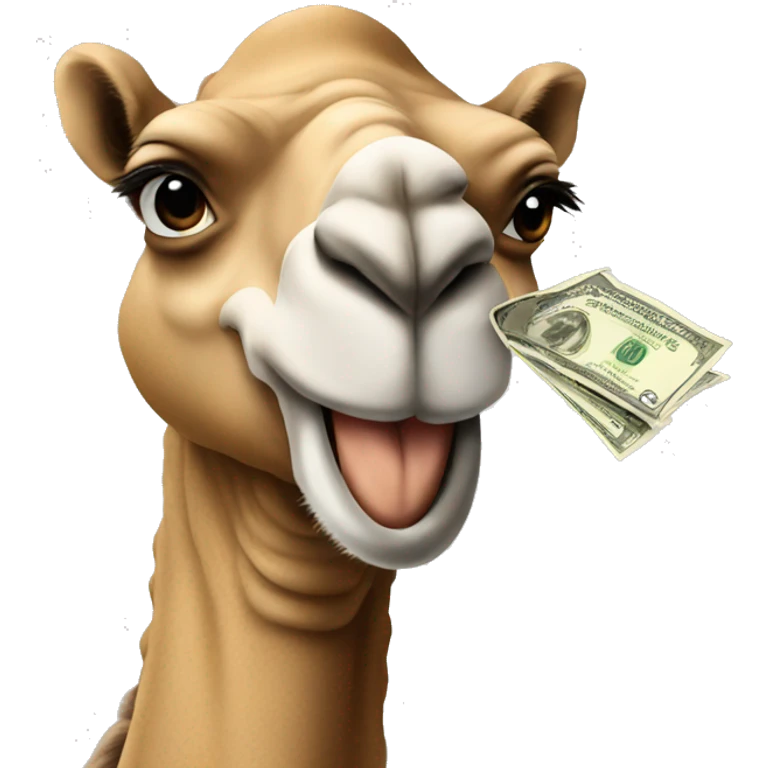 Cartoon Camel holding a money bag in the mouth, picture from front emoji | AI Emoji Generator