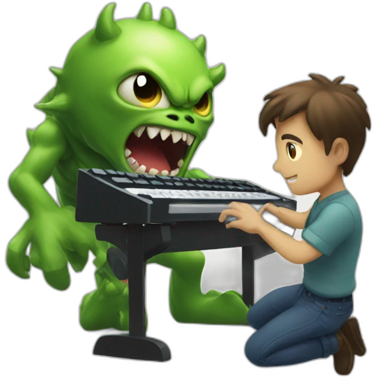 developper using a keyboard to fight a monster emoji | AI Emoji Generator