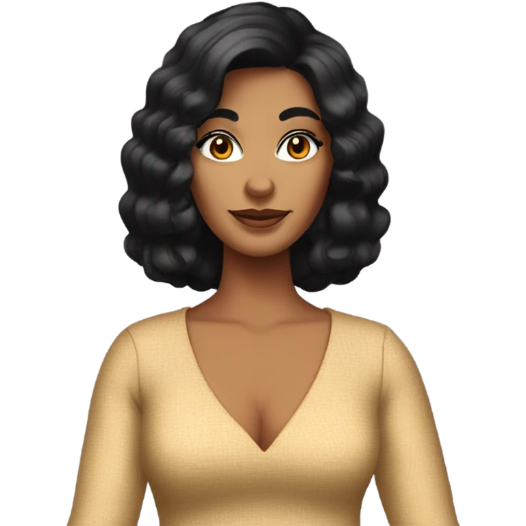 Tanned woman with black hair dressed in 1970s hair, makeup, and attire ...