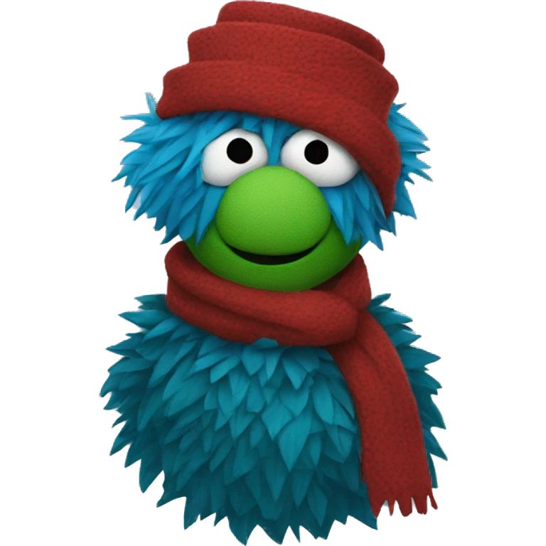 A blue muppet with dark green spiky hair over their eyes, wearing a red ...