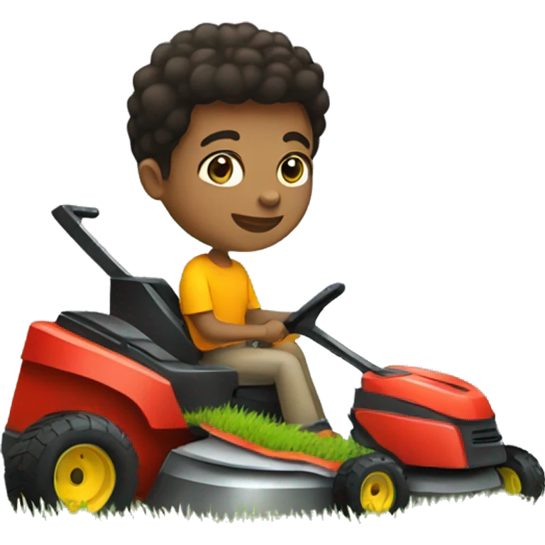 Normal mixed kid cutting grass with lawn mower emoji | AI Emoji Generator