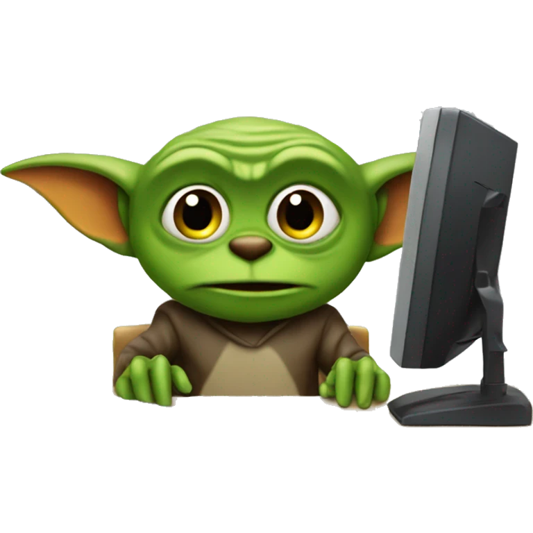 Gremlin sitting at a computer desk emoji | AI Emoji Generator