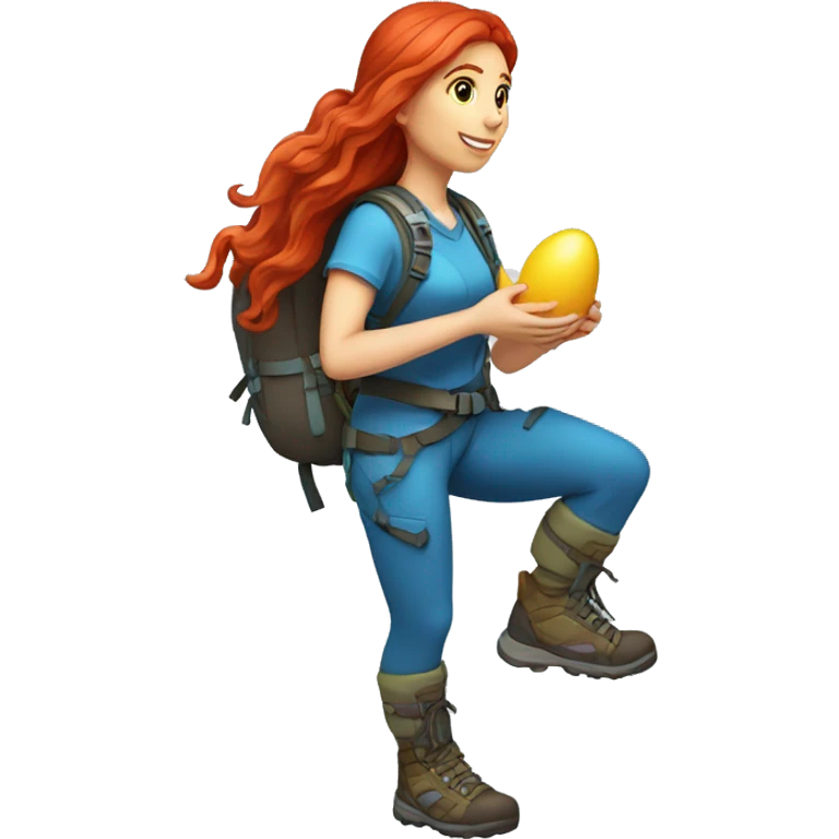 Female mountain climber long red hair climbing with Greek flag on ...