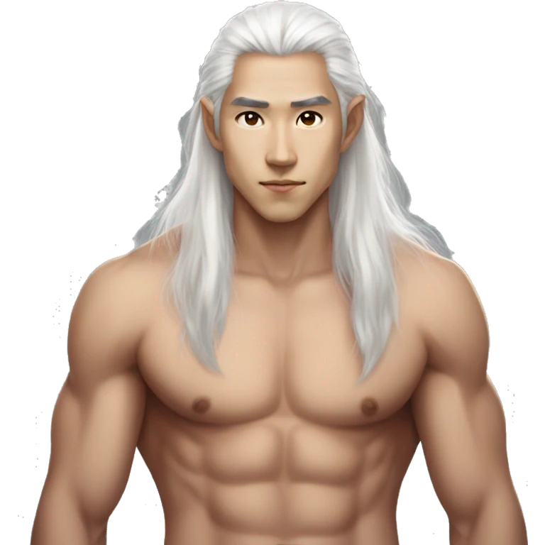 Asian masculine shirtless abs long white hair elf emoji | AI Emoji ...