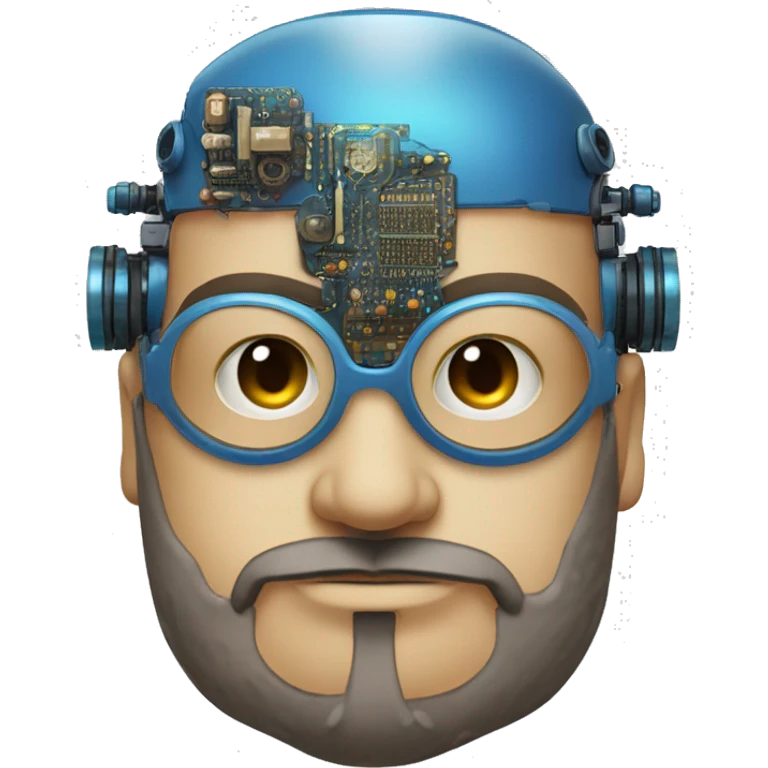 Bearded Fat bald cyborg head with tan skin, blue steampunk goggles and ...