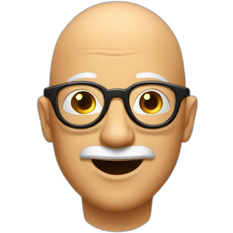 friendly bald man with gold circle glasses, brown mustache, goofy man ...