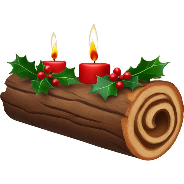 Wooden yule log with red candle in the centre, decorated with holly and ...