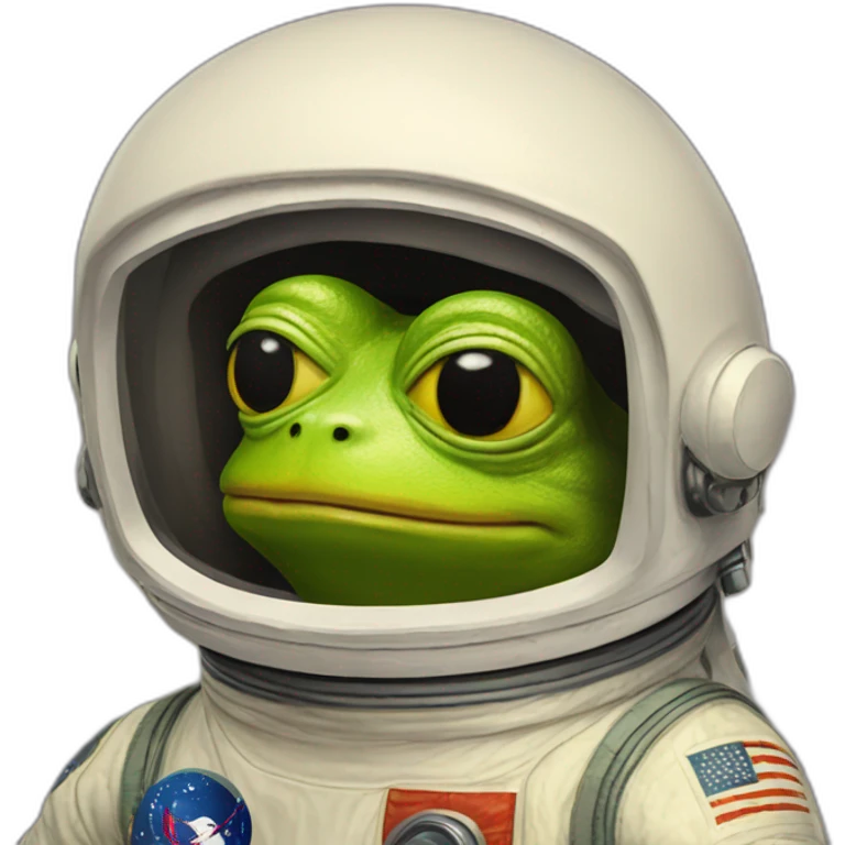 yellow pepe frog with astronout suite and M logo emoji | AI Emoji Generator
