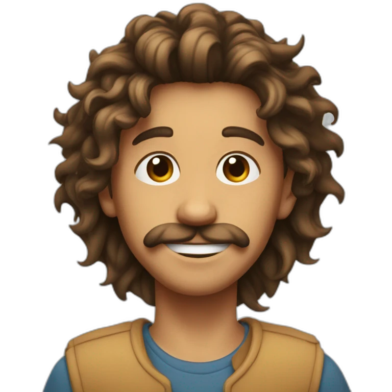 a boy with a Long, brown spiral hair, long face with mustache, spike ...