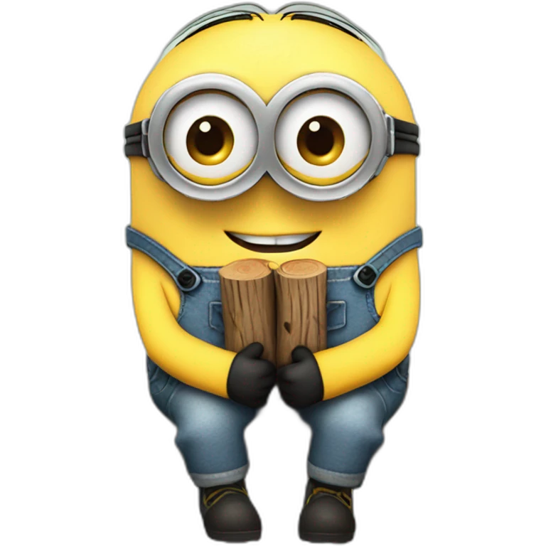 minion cute sitting on a bench and hugging a log emoji | AI Emoji Generator