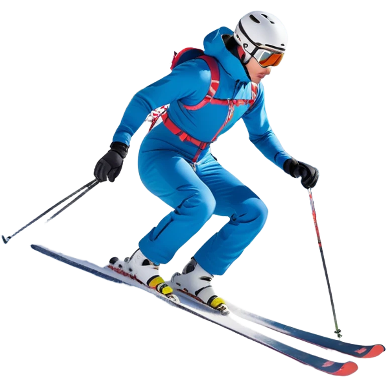 A skier gliding down a snowy mountain slope. The skier is in a dynamic downhill stance—knees ...