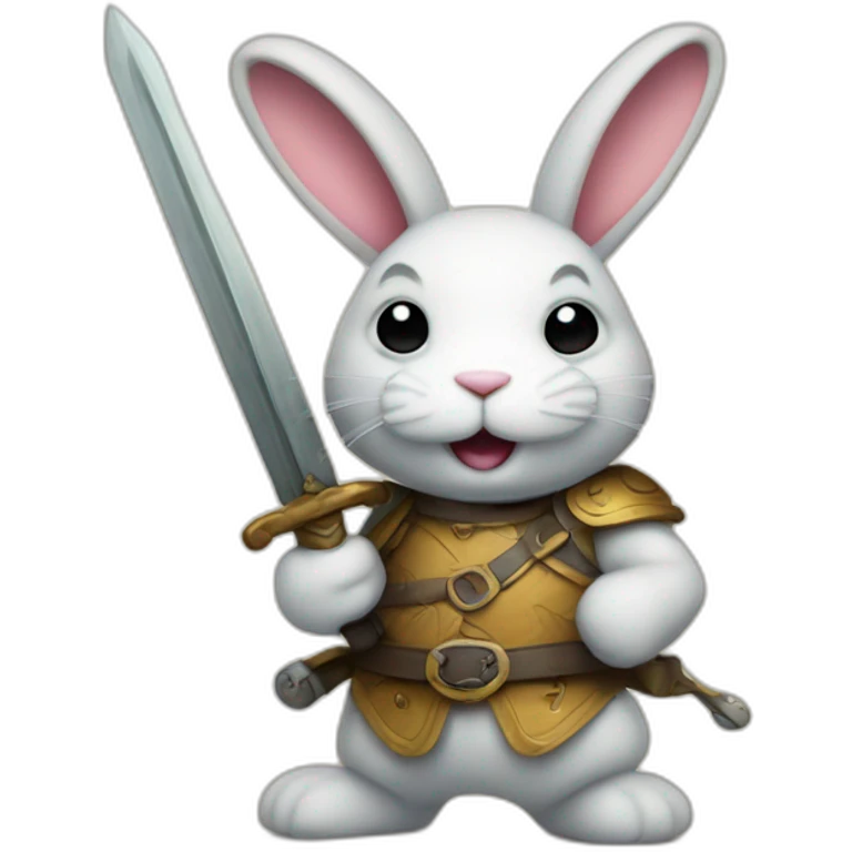 Bunny with sword in back with rugged smiley face emoji | AI Emoji Generator