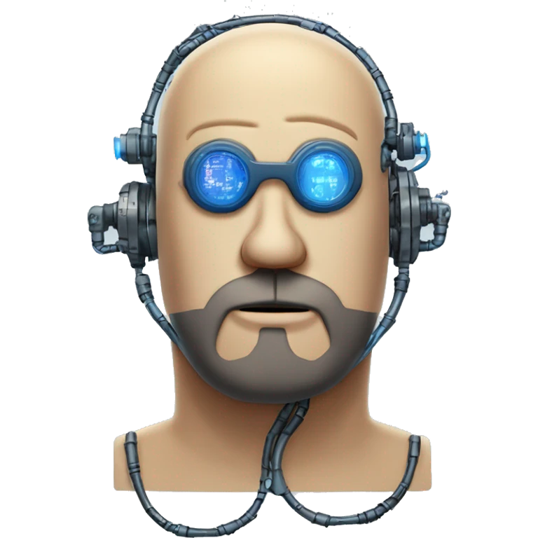 Bearded Fat bald cyborg head with tan skin, blue goggles and circuits ...