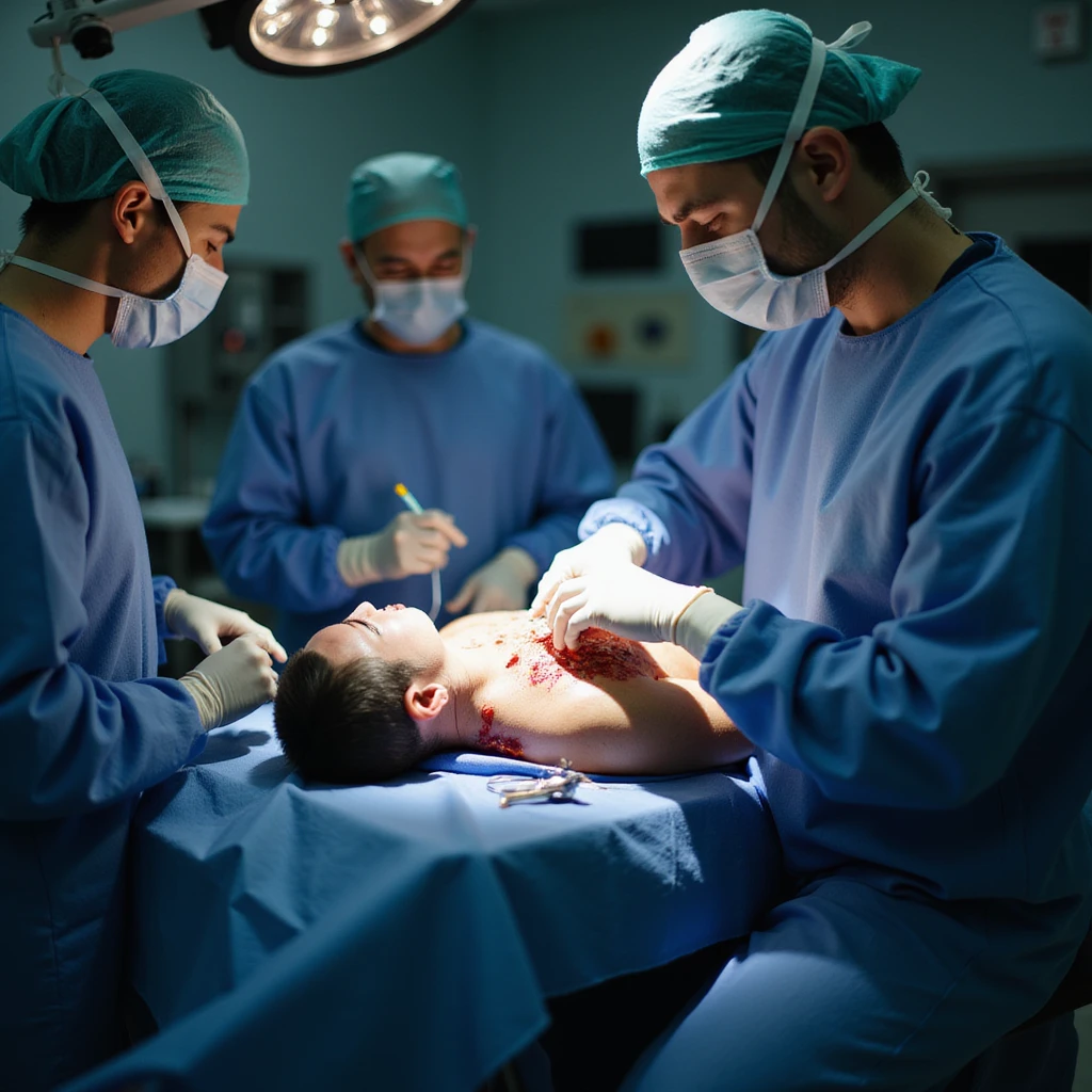 realistic scene: patient on operating table, surgeon and assistants ...