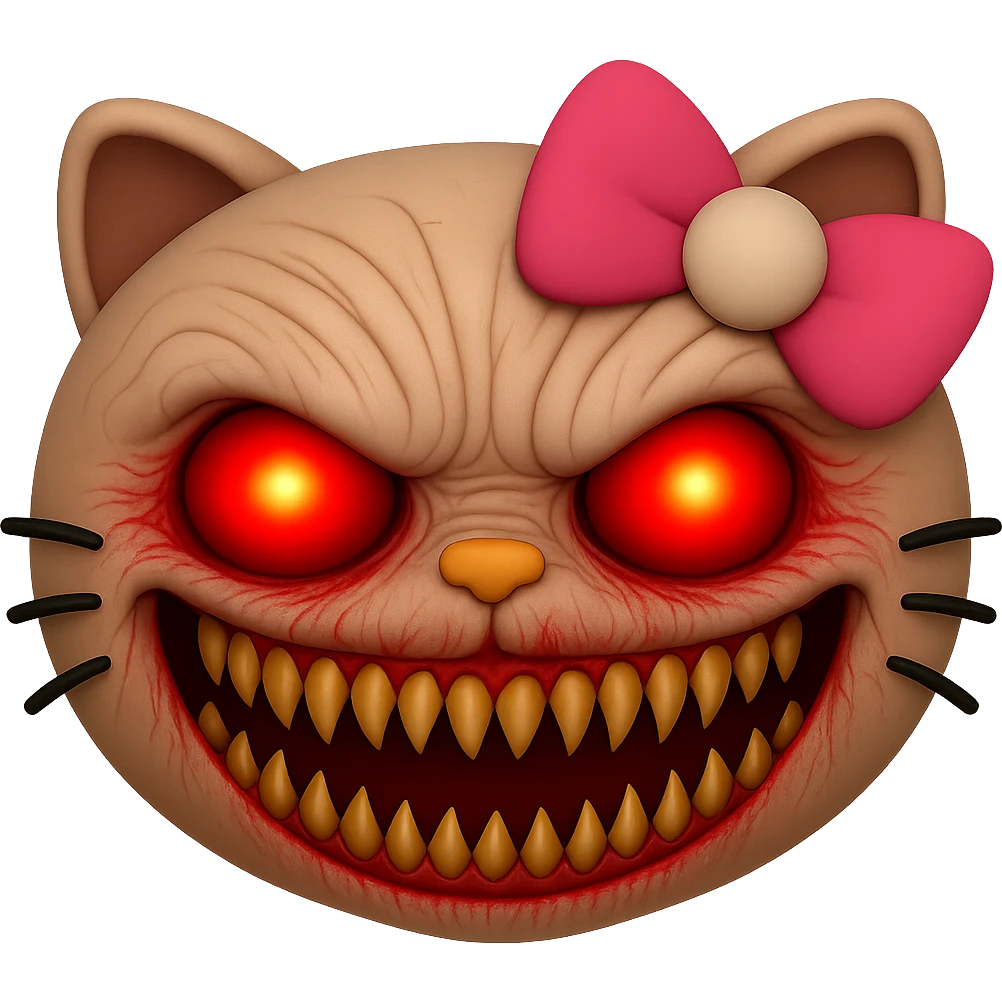 Make Hello Kitty's horror face smile much wider, keeping the glowing ...