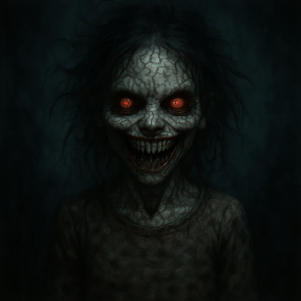 Make the creepy girl much scarier with disturbing features, intensify ...