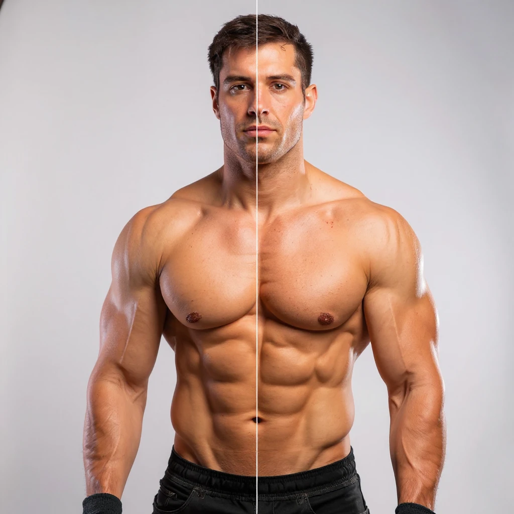 Realistic style image of a shirtless male bodybuilder, half body bulk ...
