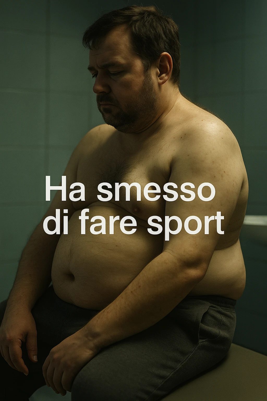 vertical realistic cinematic image of a man who stopped doing sports ...