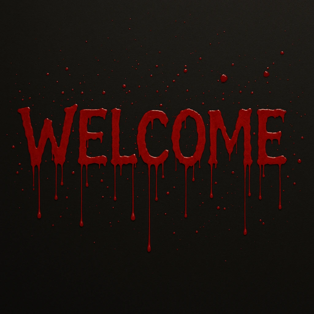 Welcome text written in fresh dripping blood with gruesome horror ...