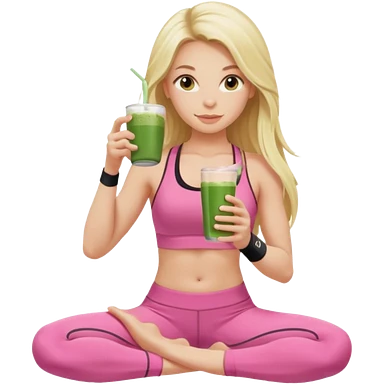 long haired blonde pilates instructor in pink drinking matcha in cute ...
