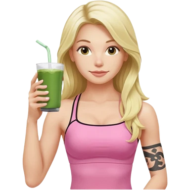 long haired blonde pilates instructor in pink drinking matcha in cute ...