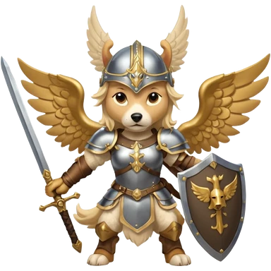 dog freya has sword and shield. she is a valkyrie and has wings ...