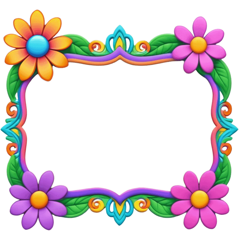 3D, psychedelic colored name tag with hippie style flower border emoji ...